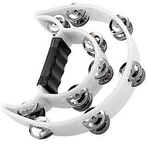 SINJEUN 4 Pack 10 Inch Double Row Tambourine, Metal Jingles Hand Held Percussion with Ergonomic Handle, 4 Colors Half Moon Musical Tambourine for Beginner, Church, KTV, Party