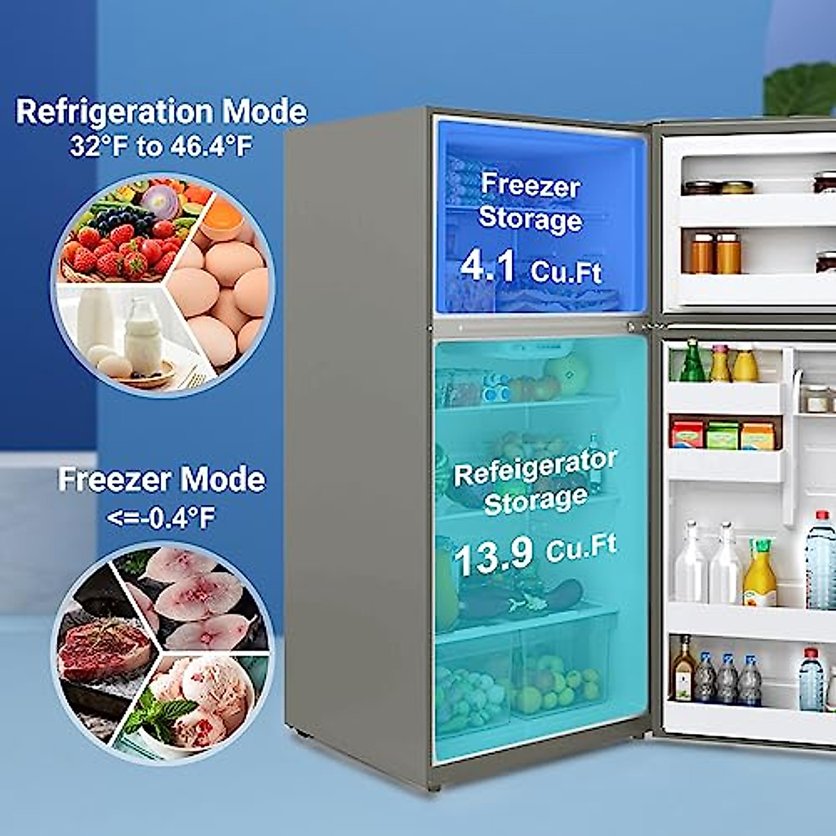 SMETA Refrigerator with Freezer Top 18 Cu. Ft Garage Refrigerators 30" Top Mount Full Size Stainless Steel for Kitchen Fridge, Frost Free Double Door Upright Freezer Led Light, Garage Ready