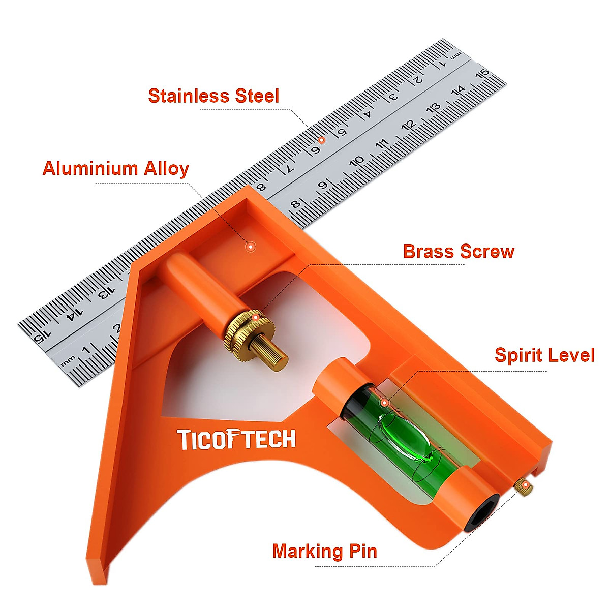 TICOFTECH Combination Square, 6 Inch/150mm, Set Square, Stainless Steel Ruler, Protractor Level Measure Measuring Set with Carpenter Pencils