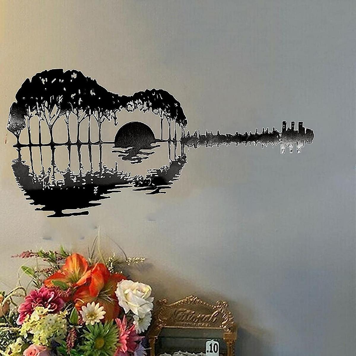 Abstract Guitar Metal Art Ideal Gift for Guitarist, Sunset Guitar Metal Wall Art Hanging Ornament, Metal Guitarist Art Wall Sculptures for Guitar Lover Home Decoration Music Wall Art Decor (Black)