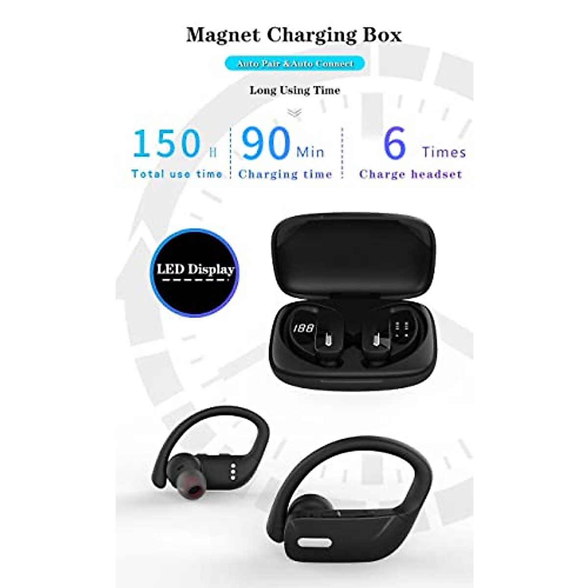 Wireless Earbuds Bluetooth Headphones 48hrs Play Back Sport Earphones with LED Display Over-Ear Buds with Earhooks Built-in Mic Headset for Workout BlackBWISUP