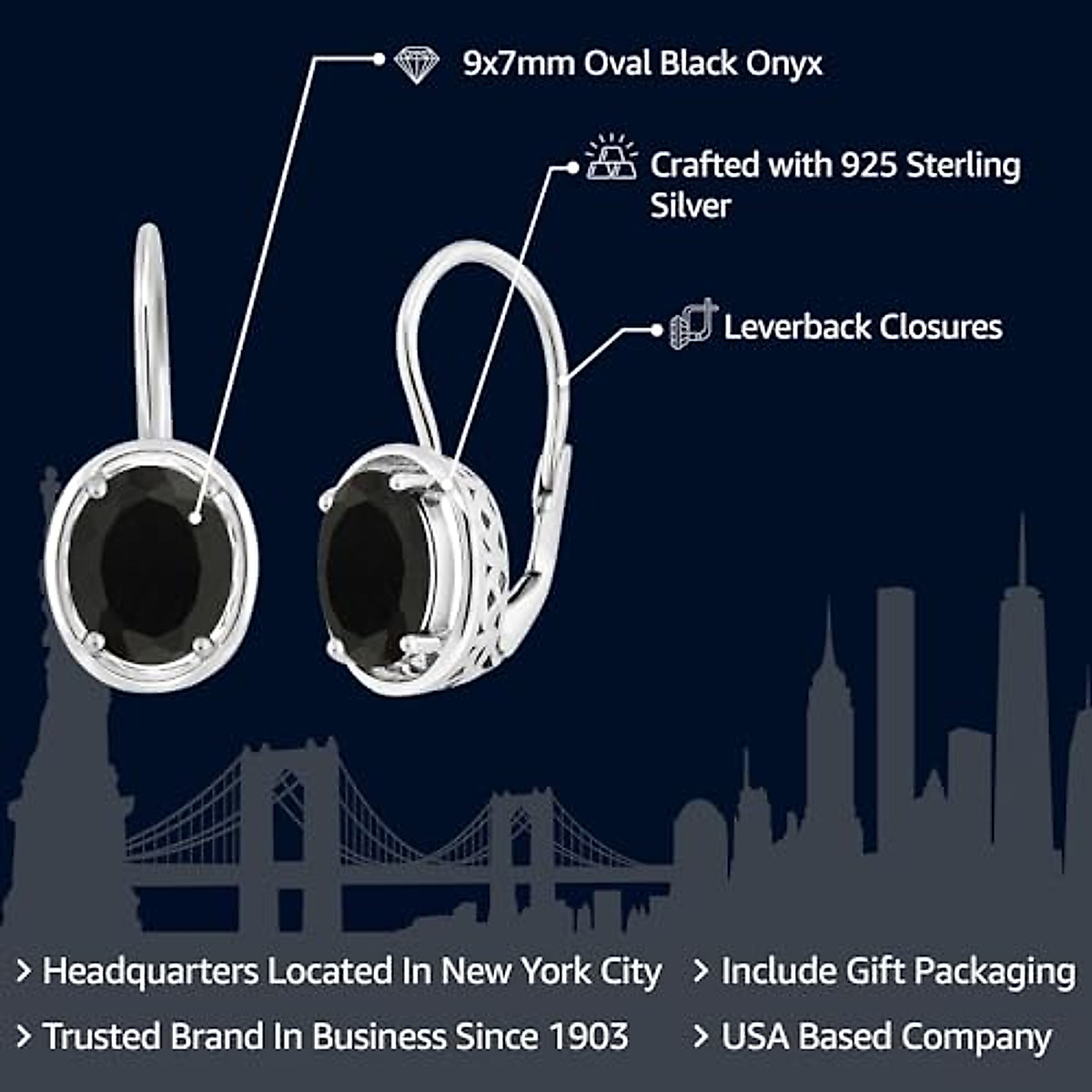 Gem Stone King 925 Sterling Silver Black Onyx Dangle Earrings For women (4.00 Cttw, Gemstone Birthstone, Oval Cut 9X7MM)