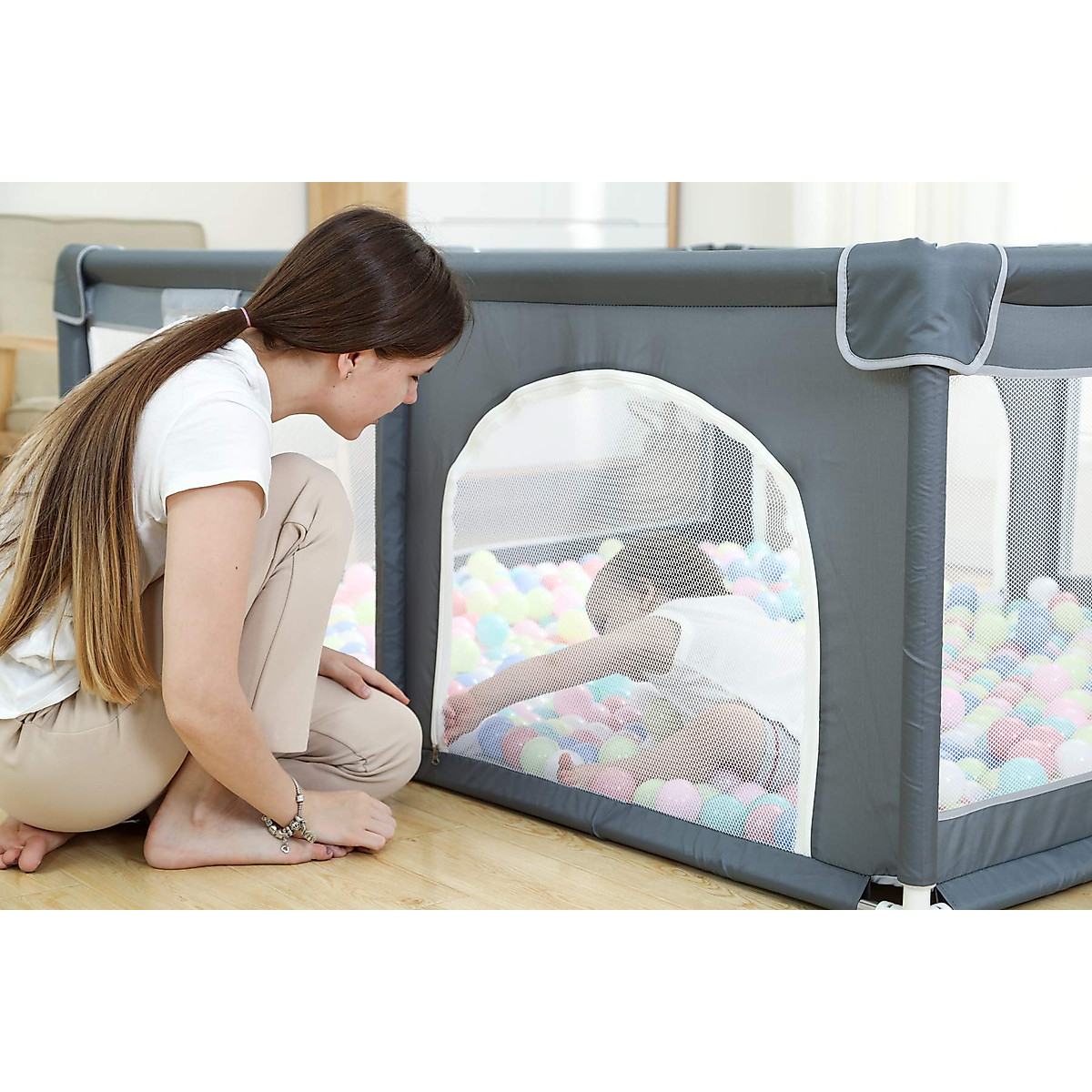 Baby Playpen, Extra Large Playard for Toddlers, 29+ sq. ft Space, Kids' Safety Playard & Activity Center, Large Ball Pit for Indoor & Outdoor, Portable Anti-Fall Playpen for Infants (Grey)
