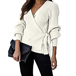 KIRUNDO 2023 Women's Fall Winter Wrap V Neck Sweater Balloon Sleeves Ribbed Knitted Pullover Tie Front Tunic Top Jumper(Small, Beige)