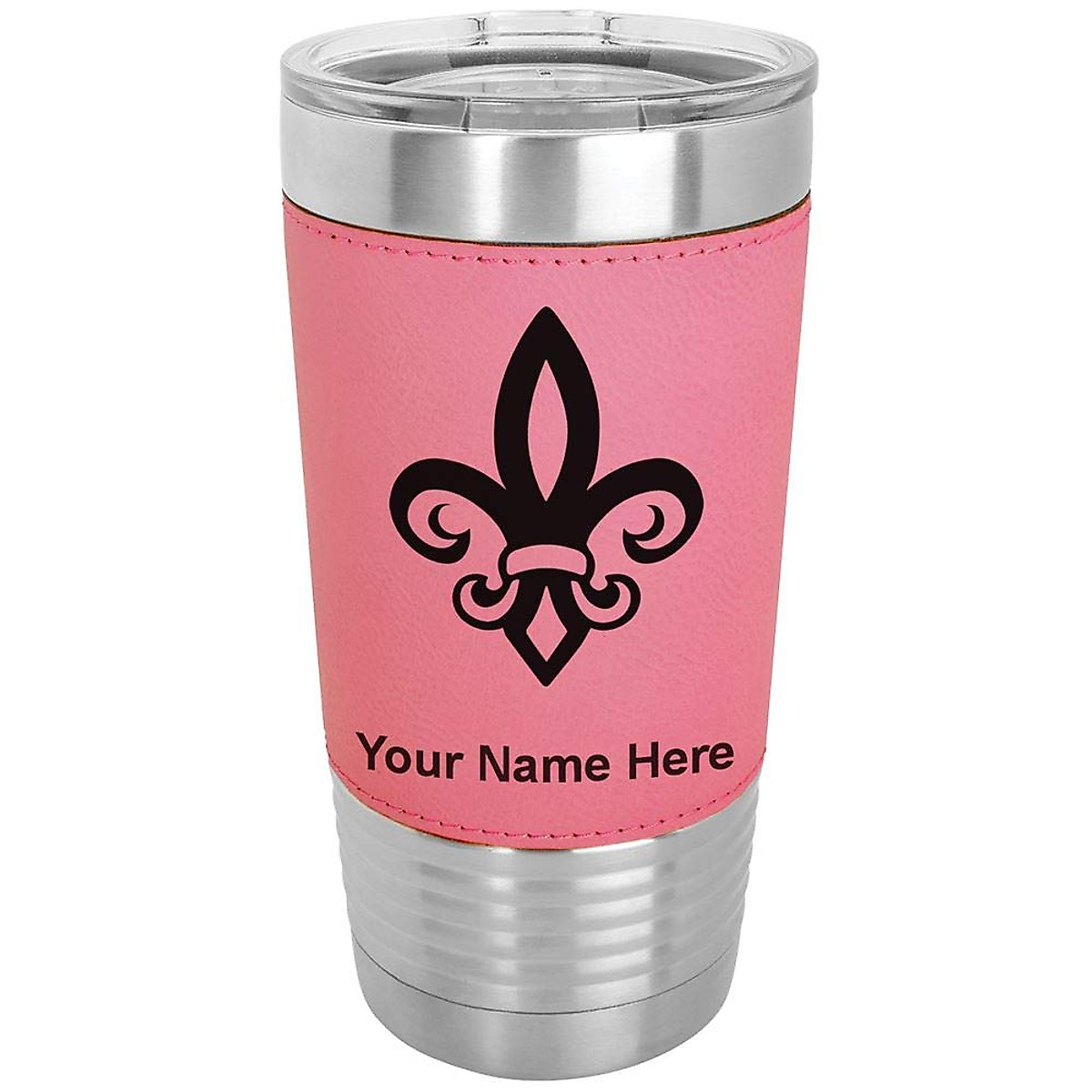 LaserGram 20oz Vacuum Insulated Tumbler Mug, Fleur de Lis, Personalized Engraving Included (Faux Leather, Pink)