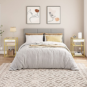 HOOBRO End Tables Set of 2 with Charging Station, Side Tables with USB Ports & Power Outlets, 3-Tier Slim Nightstands with Storage Shelves, Tempered Glass, for Living Room, Bedroom, Gold GD77UBZP201