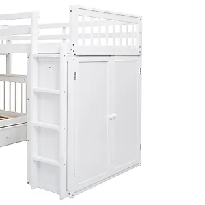Merax L-Shaped Triple Bunk Bed with Desk & Stairs, Twin & Twin Over Full Bunk Bed for 3, Storage Drawers and Wardrobe Included, for Adults, Boys & Girls, White