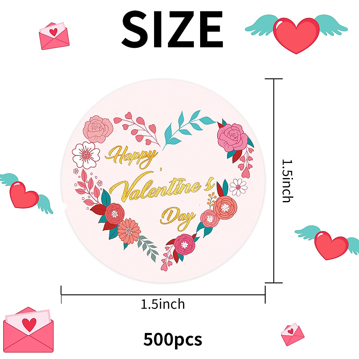 Acetiamin Happy Valentine's Day Sticker Roll, 500 PCS Heart-Shaped Label Stickers for Adults, 1.5 “ Gift Tag Stickers for Goodie Bags, Gift Favors Box, Envelope Seal, Cards, Party Supplies