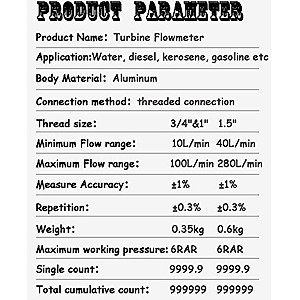 BAYM Turbine Flow Meter Electronic 1.5" 1.5 inch 40-280L/Min Oil Flowmeter Kerosene Gas Methanol Diesel Fuel Flow Digital Meter Oval Gear Gauge LCD BSPT/NPT with Battery