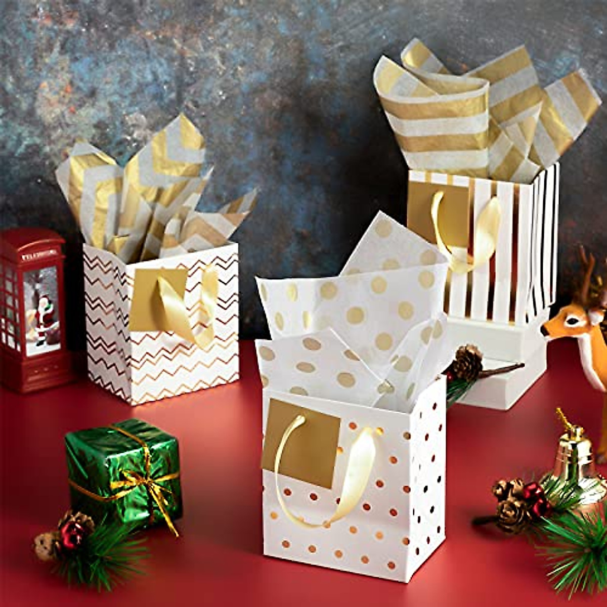 12 Pcs Small Gift Bags Mini Metallic Paper Bags with Handle Tag and Tissue, Wrap Bag for Birthday Wedding Christmas Holiday Baby Shower, 4 x 2.8 x 4.5 Inch (White Gold)