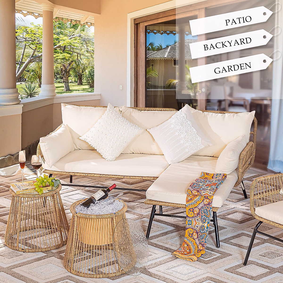 BULEXYARD Set of 3 Boho Outdoor Patio Furniture Sets with Round Tempered Glass Table, Small Size L Shape Wicker Conversation Sectional Sofa Sets for Backyard, Porch, Deck, Garden, Balcony