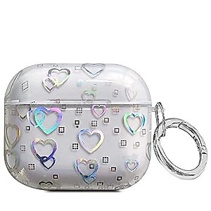 J.west Compatible with AirPods 3 Case Clear Laser Glitter Heart Pattern Fashion Flexible Soft Durable Slim Shockproof AirPods Case with Keychain for AirPods 3rd Generation for Women Girls