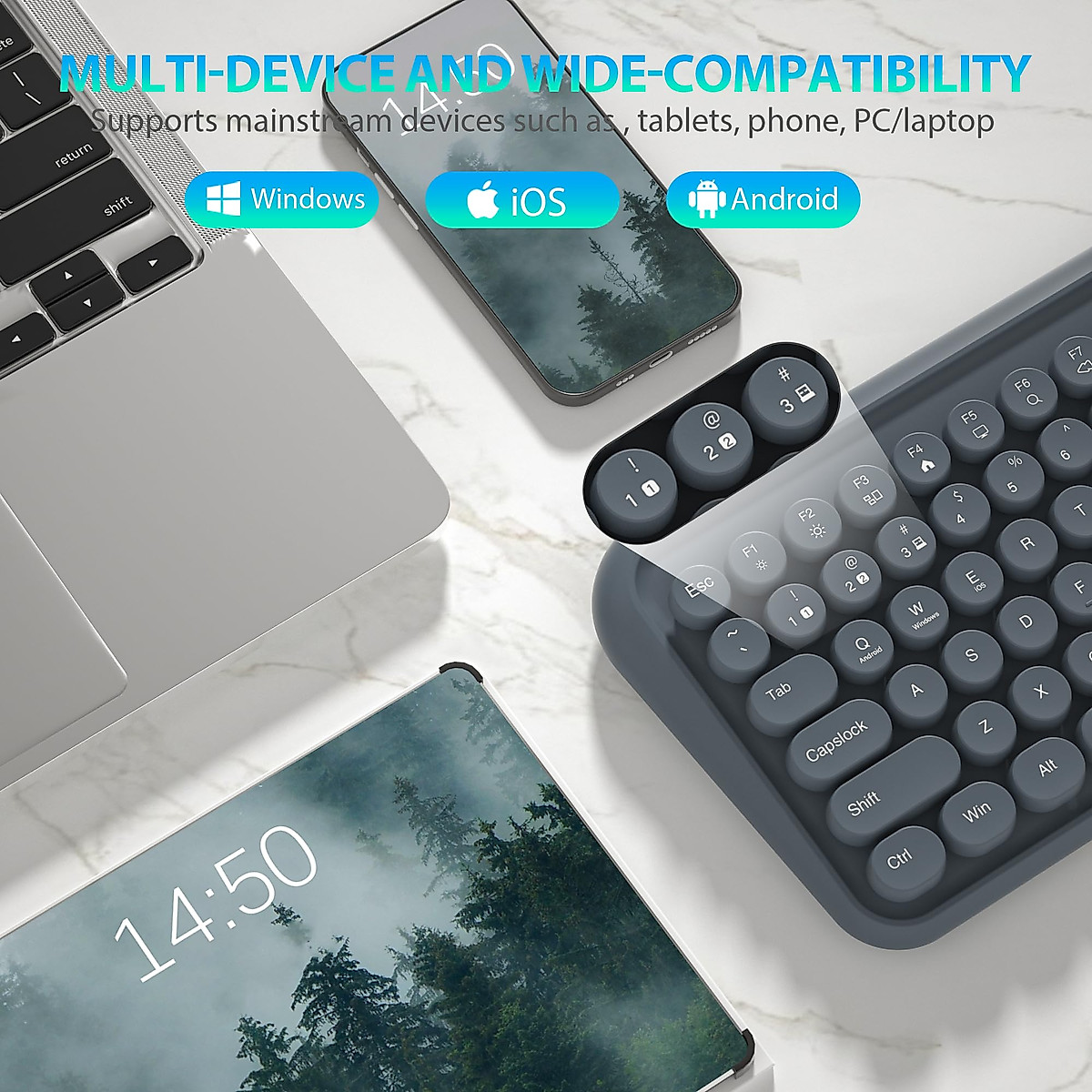 Wireless Bluetooth Keyboard, 2.4GHz Typewriter Retro Keyboard, 84 Keys Portable Office Computer Keyboard with 2xAA Batteries and Cute Floated Round Keycaps for Windows Android PC Laptop Mac iPad, Gray