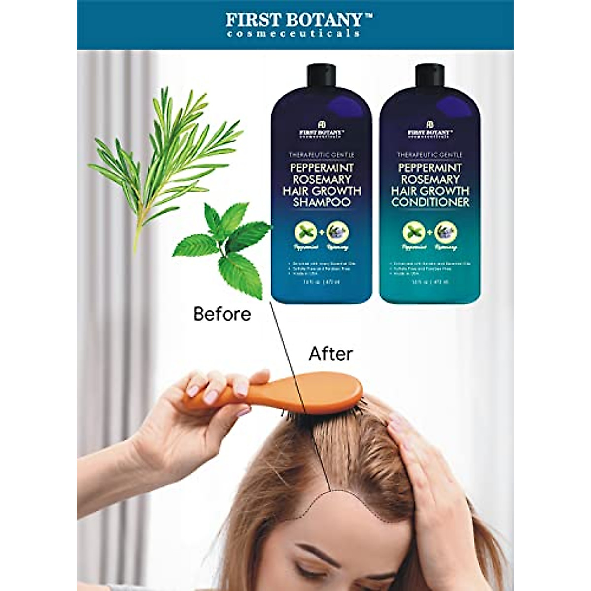 Peppermint Rosemary Hair Regrowth and Anti Hair Loss Shampoo and Conditioner Set - Daily Hydrating, Detoxifying, Volumizing Shampoo and Fights Dandruff For Men and Women 16 fl oz x 2