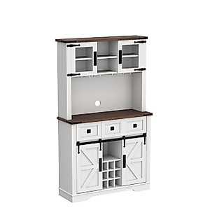 OKD 72" Farmhosue Bar Cabinet with Sliding Barn Door, Large Kitchen Buffet with Hutch w/Wine & Glasses Rack, 3 Drawers, 12 Storage Shelves, Rustic Coffee Bar Sideboard Table, Antique White