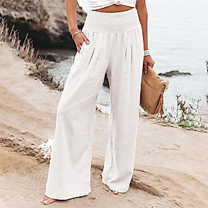 JIELAFIC Linen Pants for Women Wide Leg Elastic High Waisted Palazzo Pants Lounge Yoga Trousers Beach Pants with Pockets (A#White,XL)