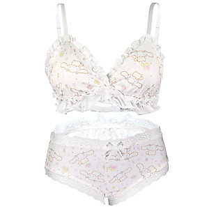Paloli Women’s Cute Wirefree Lingerie Set, Cinnamoroll Bikini Set Ruffle Trim Bra And Panty - 100% Cotton