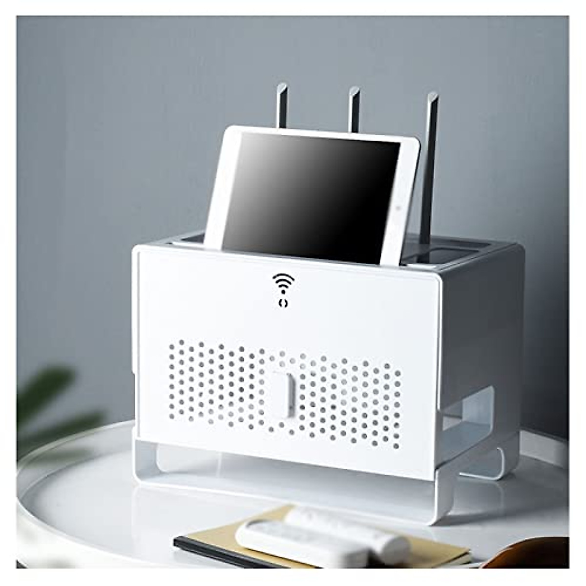 RDBSMGX Multi-Function Router Storage Box Double-Layer Design Router Storage Box Panel Hollow and Breathable Abs Material Removable Front Panel Multiple Openings on The Top Design