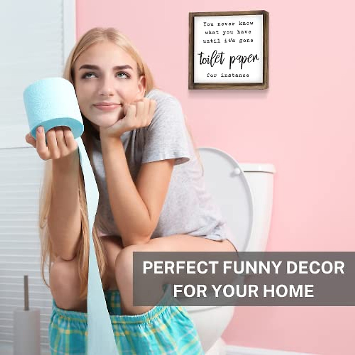 COM-PAD Funny Farmhouse Bathroom Decor Signs - 6 Interchangeable Wall Decorations w/ Hilarious Sayings and Rustic Frame - Instantly Create a Fun Filled Bathroom In Your Home