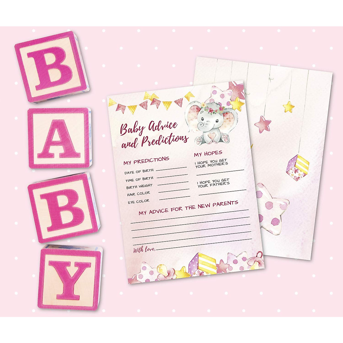 50 Deluxe Pink Elephant Advice and Predictions Cards- Large Double Sided 5 x 7 Inch for Baby Girl Shower Game, New Parent Message Book, Mom & Dad to Be, Decorations