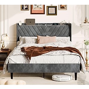 SUNLEI Bed Frame with Wingback Storage Headboard, Full Size Bed Frame with Charging Station and Velvet Fabric, Strong Wood Slats, Easy Assembly, No Box Spring Needed, Light Grey…