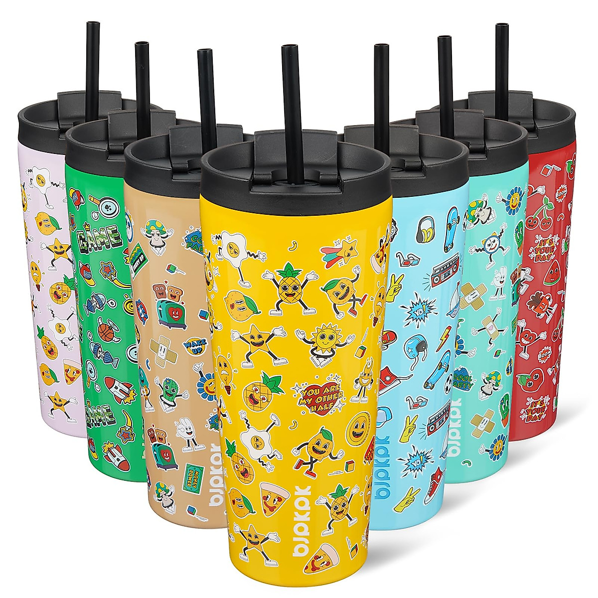 BJPKPK 22oz Insulated Tumbler With lid And Straw Stainless Steel Tumblers Travel Coffee Mug Reusable Thermal Cup,Hawaii Fruits Yellow