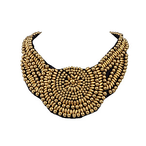 Alilang Tribal Ethnic Golden Beaded Bib Aztec Sun Scallop Edge Statement Necklace