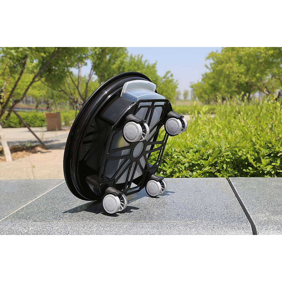 Amkoskr 1 Pack 17.7" Black Plant Caddy with Easy Moving Caster Wheels and a Water Container Round Movable Planter Dolly Trolley Tray Pallet Outdoor Indoor Tree Flower Stand Planter