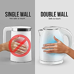 OVENTE Portable Electric Kettle Stainless Steel Instant Hot Water Boiler Heater 1.7 Liter 1100W Double Wall Insulated Fast Boiling with Automatic Shut Off for Coffee Tea & Cold Drinks, White KD64W