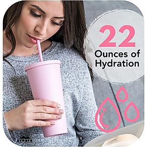 STRATA CUPS Classic Tumblers with Lids and Straws (8 pack) - 22oz Matte Pastel Colored Acrylic Tumblers with Lids and Straws, Double Wall Tumbler Bulk, Reusable Cup with Straw Cleaner (Pink)