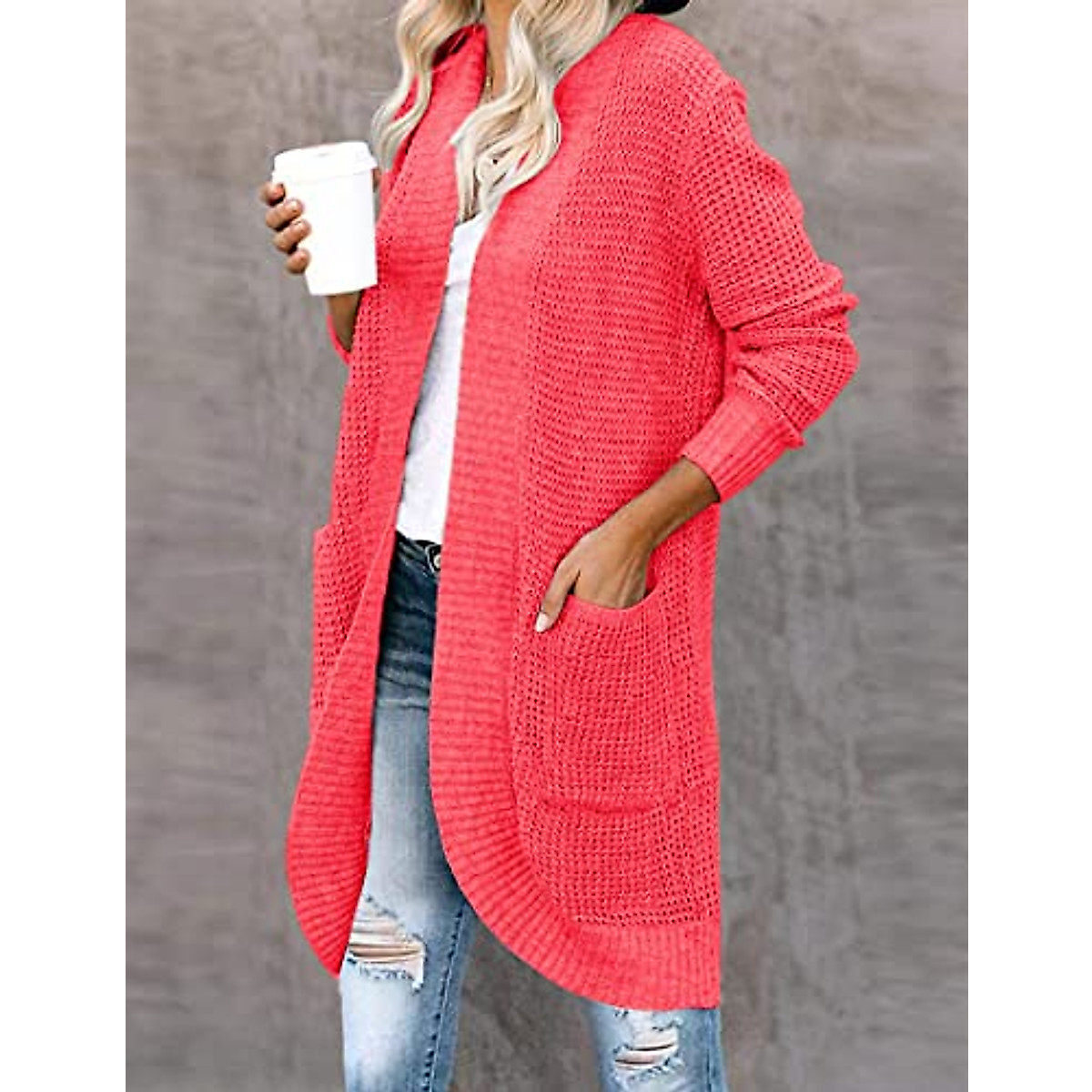 ZESICA Women's 2023 Fall Long Sleeve Open Front Cardigans Casual Lightweight Soft Chunky Knit Draped Sweaters Outerwears,Watermelon,Medium