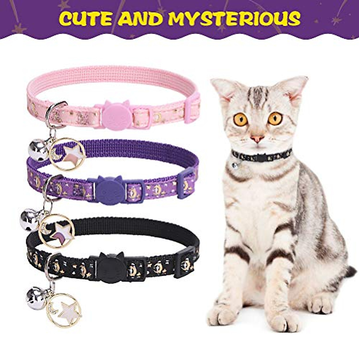 Breakaway Cat Collar with Bells - 3 Pack Charming Luminous Safe Adjustable Moon Pattern Kitten Collar Personalized with Star Pendant, Glow in The Dark