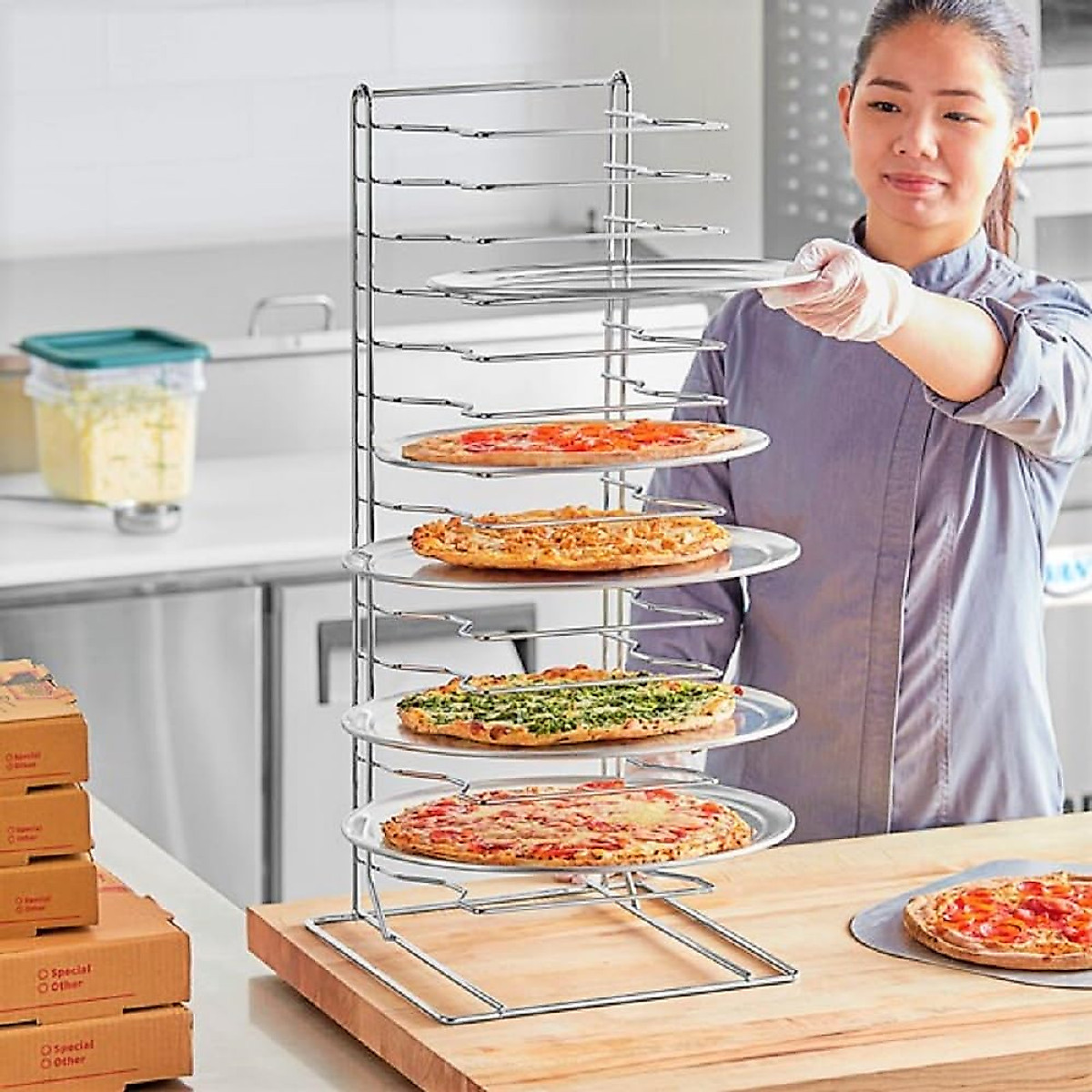 TrueCraftware- 15 Tier Chrome Plated Pizza Pan Rack- Pizza Pan Rack Holder Safe Sturdy 15- Slot Pizza Pan Rack for Pizza Pan Pizza Trays Pizza Screens for Home Kitchen Restaurant Catering