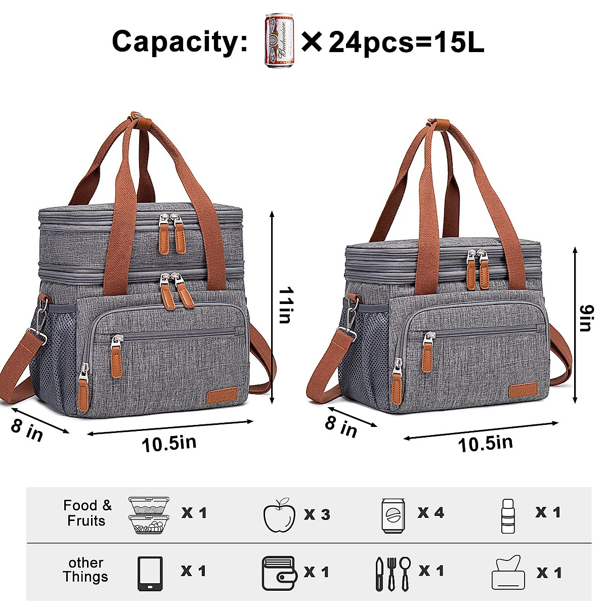 Weitars Lunch Bag for Women Men, Loncheras Para Mujer Dual Compartment Waterproof Reusable Large Lunch Box Wide-Open Cooler Tote Bag For Working Picnic Hiking (15L) (Gray(kahki))