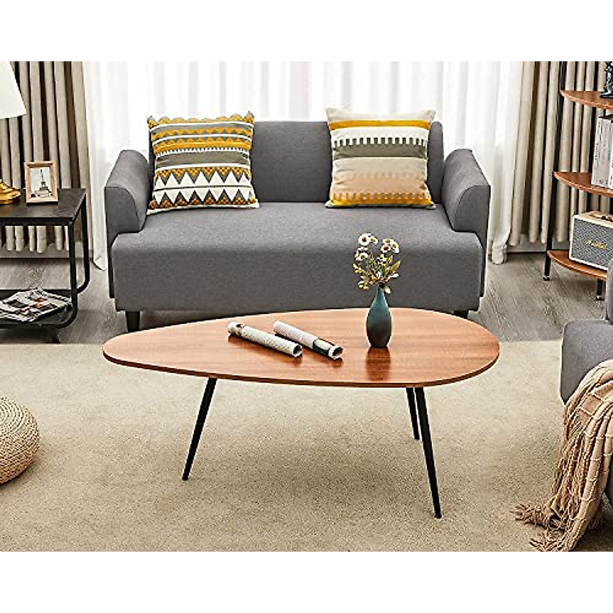 SAYGOER Small Coffee Table Modern Coffee Table Rustic Farmhouse Coffee Table Oval Mid Century Coffee Table Retro Accent Center Table for Living Room Easy Assembly, Walnut Oak