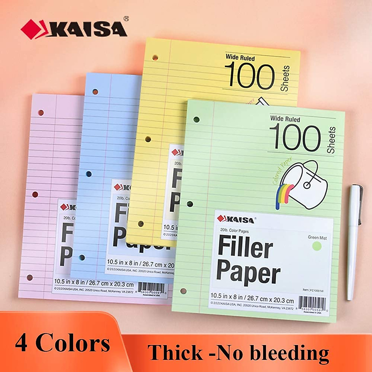 Kaisa Filler Paper Colored loose Leaf Paper, Wide Ruled 8x10.5in Colored Paper, 3-Hole Punched for 3-Ring Binders,100Sheets/pack 4Packs, FC10001W