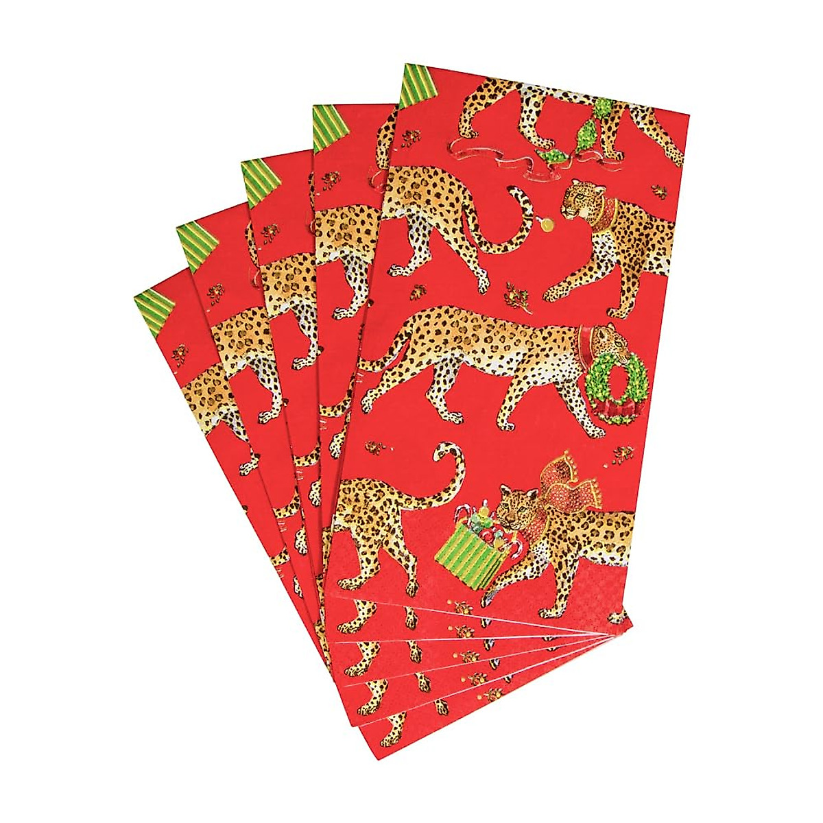 Caspari Christmas Leopards Paper Guest Towel Napkins in Red - Two Packs of 15