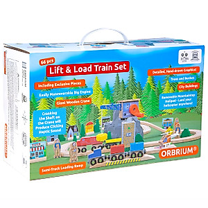 ORBRIUM Lift and Load Wooden Train Set with Magnetic Crane, Magnetic Helicopter, Large Diesel Engine, Semi-Truck, Shipping Container Flat Car Compatible with Thomas, Brio, Chuggington, Melissa & Doug