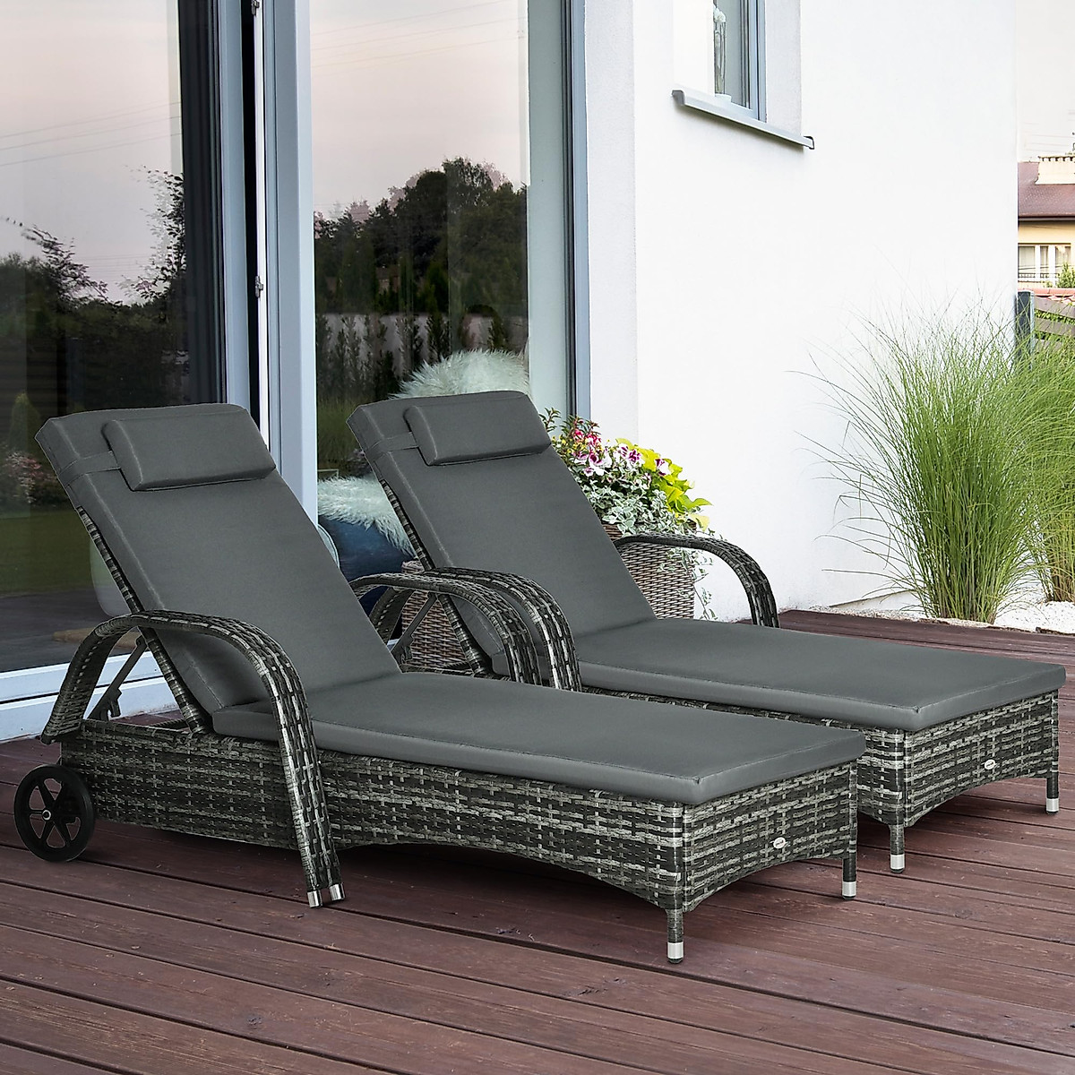 Outsunny Wicker Outdoor Chaise Lounge Set of 2, 5-Level Adjustable Backrest PE Rattan Pool Lounge Chair with Wheels, Cushion & Headrest, Mixed Gray and Charcoal Gray