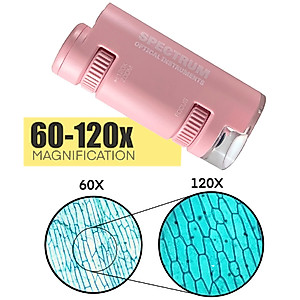 EasyMicro 60x-120x LED Lighted Zoom Microscope (Pink) - 2X Bonus Sample Slices and Protective Bag - Spectrum Optical Instruments