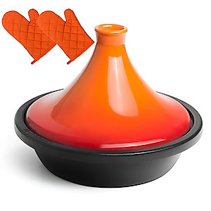 Xgxoz Enameled Cast Iron Cooking Pot, Cast Iron Cooker Pot with Ceramic Lid Enameled Cast Iron Tagine for Home Kitchen Large Capacity, Cone Shaped Lid, Cookware Gift