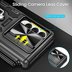 VEGO for Galaxy Z Fold 4 Case with S Pen Holder, [Hinge Protection][360°Ring Magnetic Kickstand][Slide Camera Cover][Front Screen Protector] Protective Armor Case for Samsung Galaxy Z Fold 4- Black