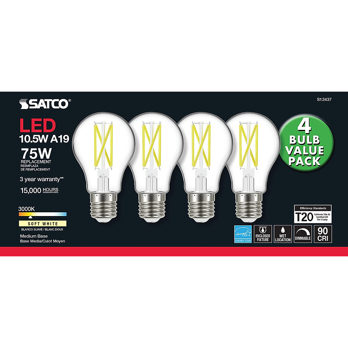 Satco S12437 A19 LED 4-Bulb Value Pack, 75W Replacement, 3000K, Clear