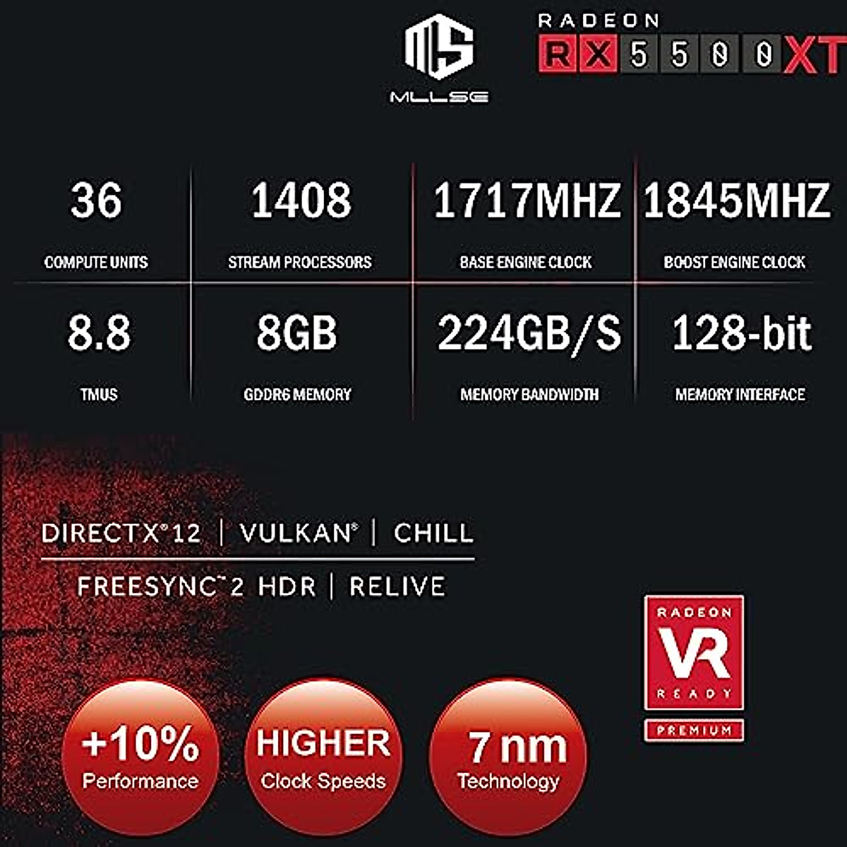 Mllse RX 5500 XT Graphics Card, 8GB GDDR6 128-bit PCIe 4.0×8 Gaming Video Card 1080p 2K Game Desktop GPU
