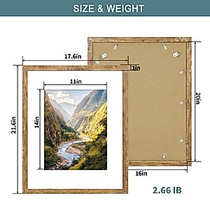 16x20 Frame Set of 2 with Plexiglass, Rustic Brown Wood Frame Display 11x14 Picture with Mat or 16 x 20 Picture Without Mat, 16x20 Poster Frame for Wall Gallery Mounting Horizontal and Vertical
