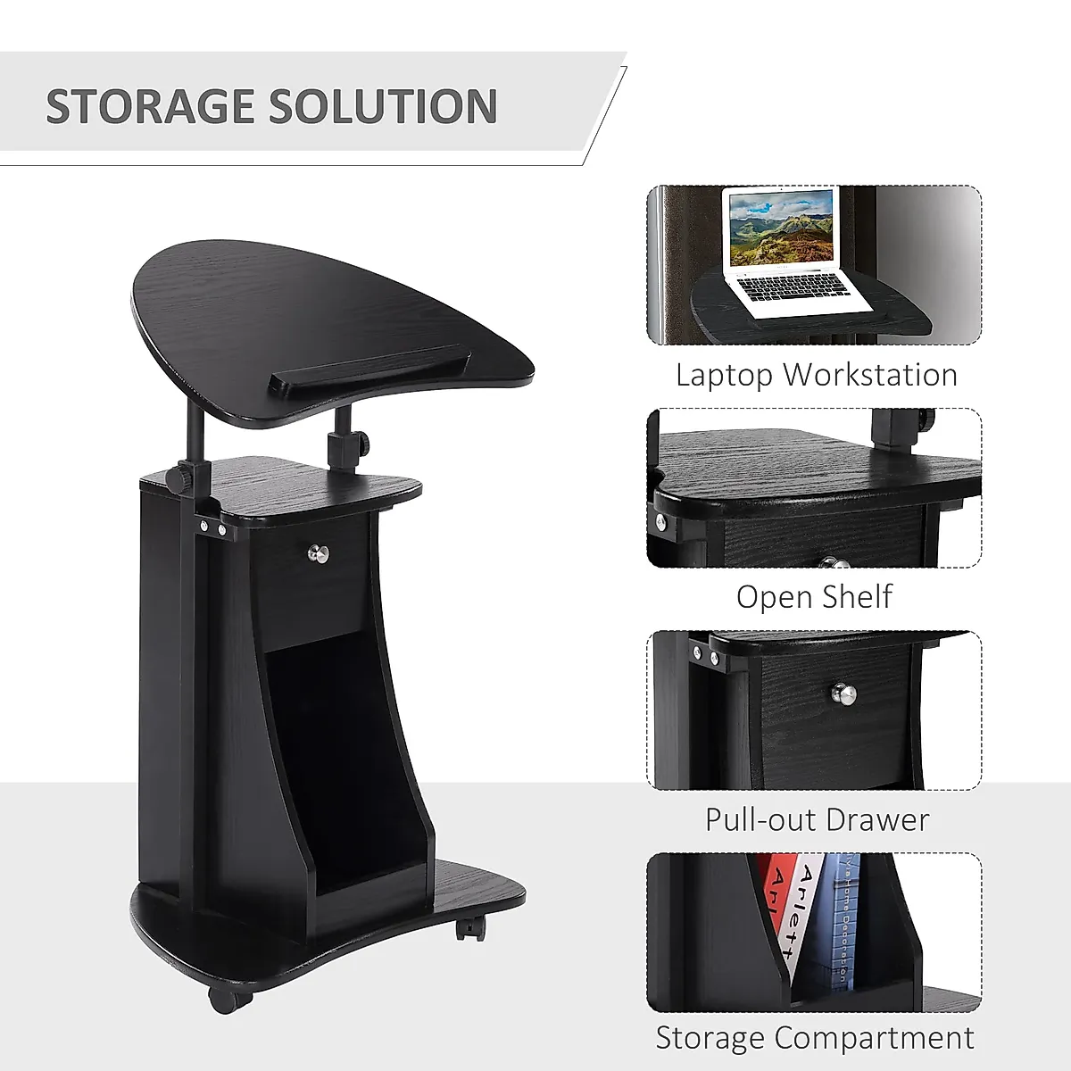 HOMCOM Adjustable Height Laptop Cart with Storage - Black