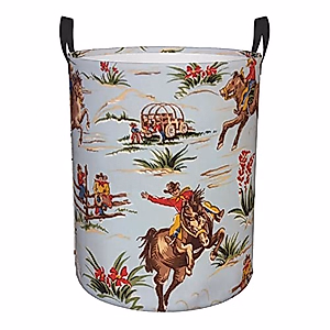 Waterproof Vintage Cowboys And Horses Style Circular Hamper Round Laundry Baskets Foldable Laundry Bags For Family/Kids/Bathroom/Bedroom/Dorm Medium