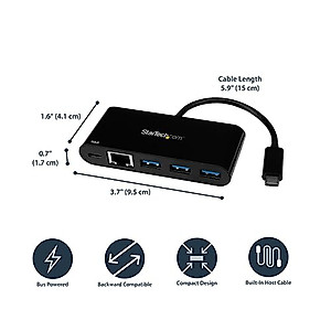 StarTech.com USB C to Ethernet Adapter - 3 Port - with Power Delivery (USB PD) - Power Pass Through Charging - USB C Adapter (US1GC303APD) Black