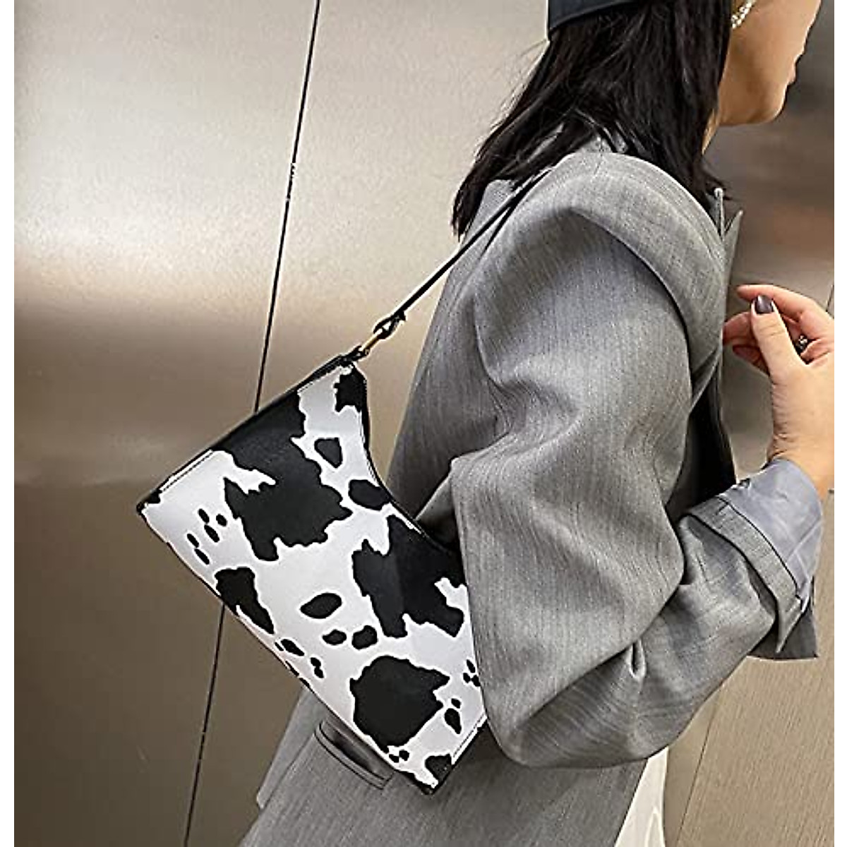 Women Cow Print Shoulder Bag Clutch Purse Underarm Handbag Satchel Zipper Tote Bag Purse