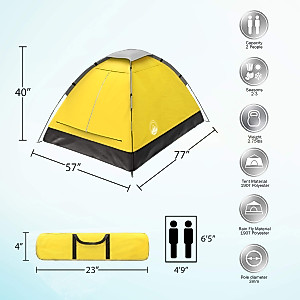 2-Person Dome Tent – Easy Set Up Shelter with Rain Fly and Carrying Bag for Camping, Beach, Hiking, and Festivals by Wakeman Outdoors (Yellow)